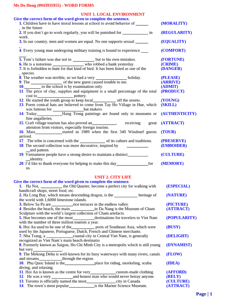 Word Forms E9 (Unit 1-6) | PDF | Vietnam | Vietnamese People