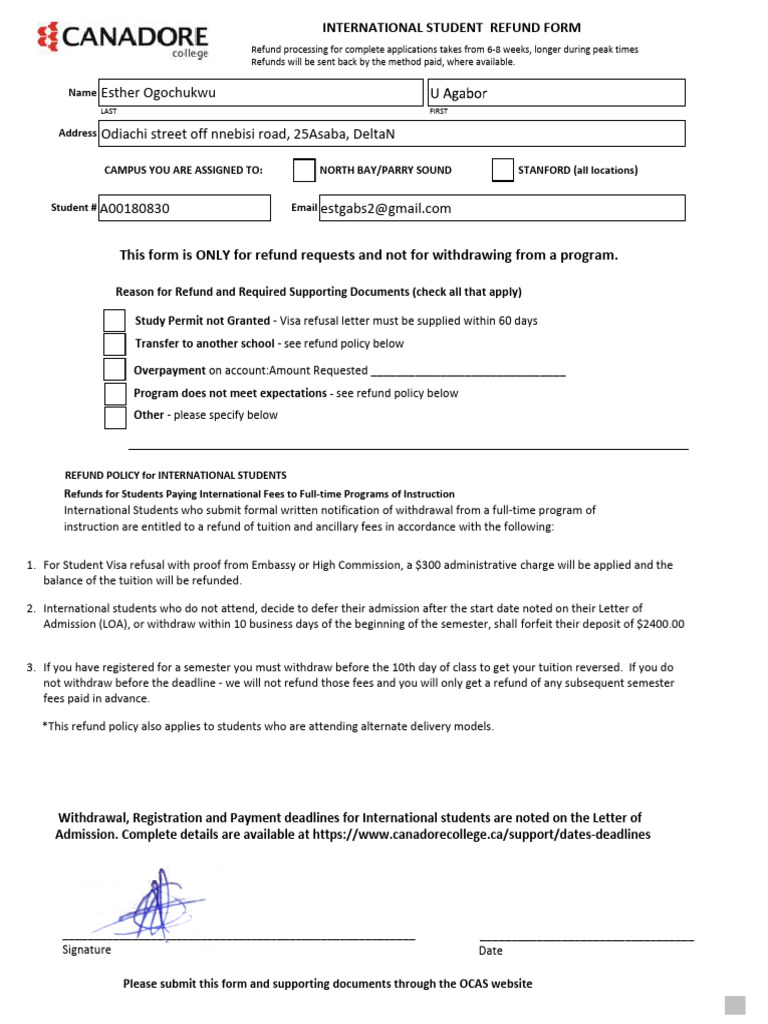 Canada International Student Refund Form | PDF | Fee | Tuition Payments