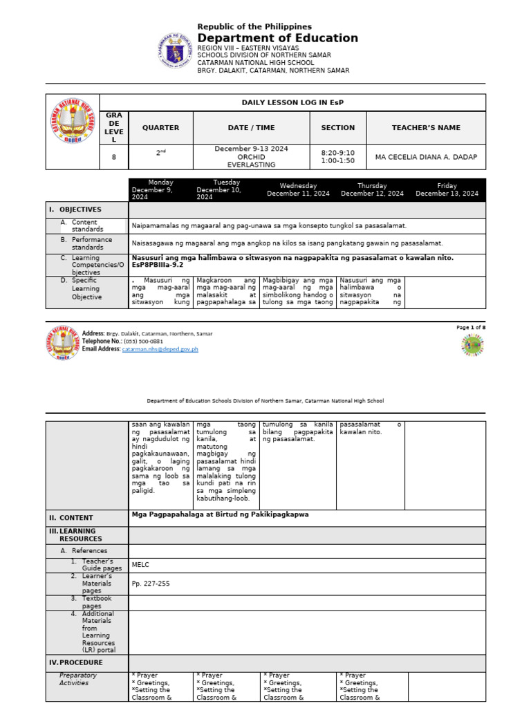 DLL EsP 8 Q3 W1 | PDF