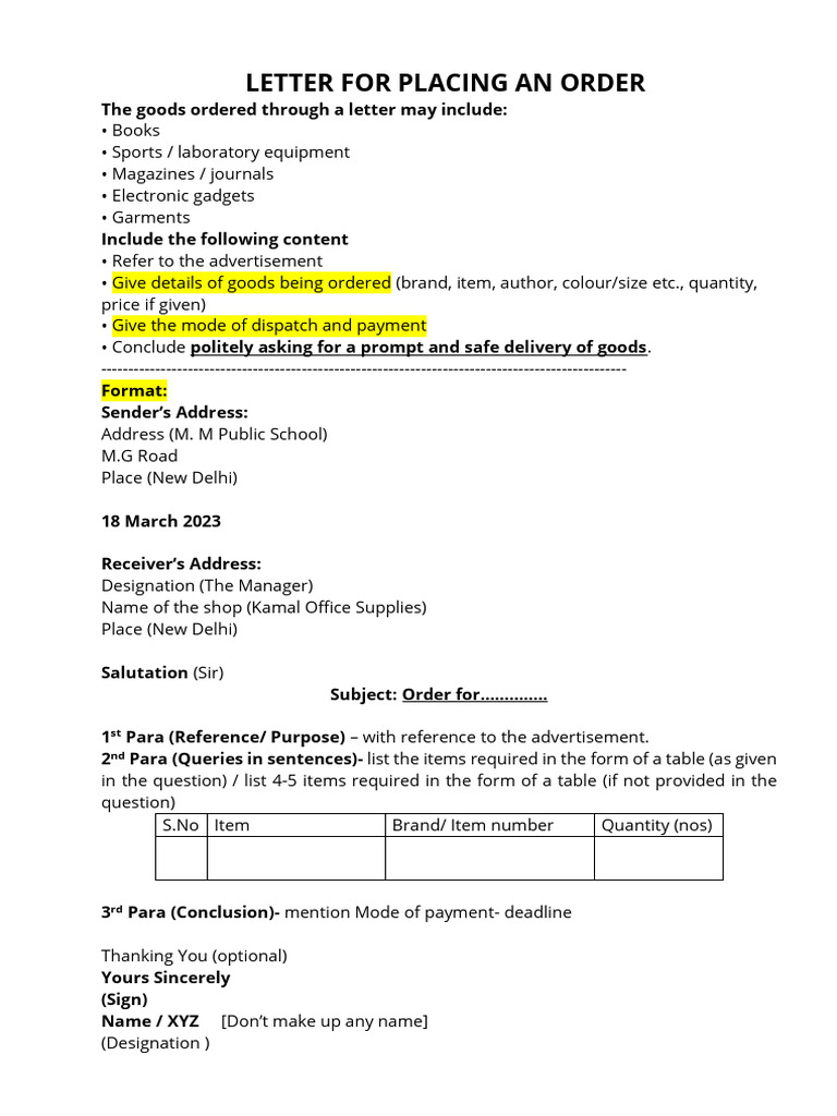 Notebook Work - Letter For Placing An Order | PDF