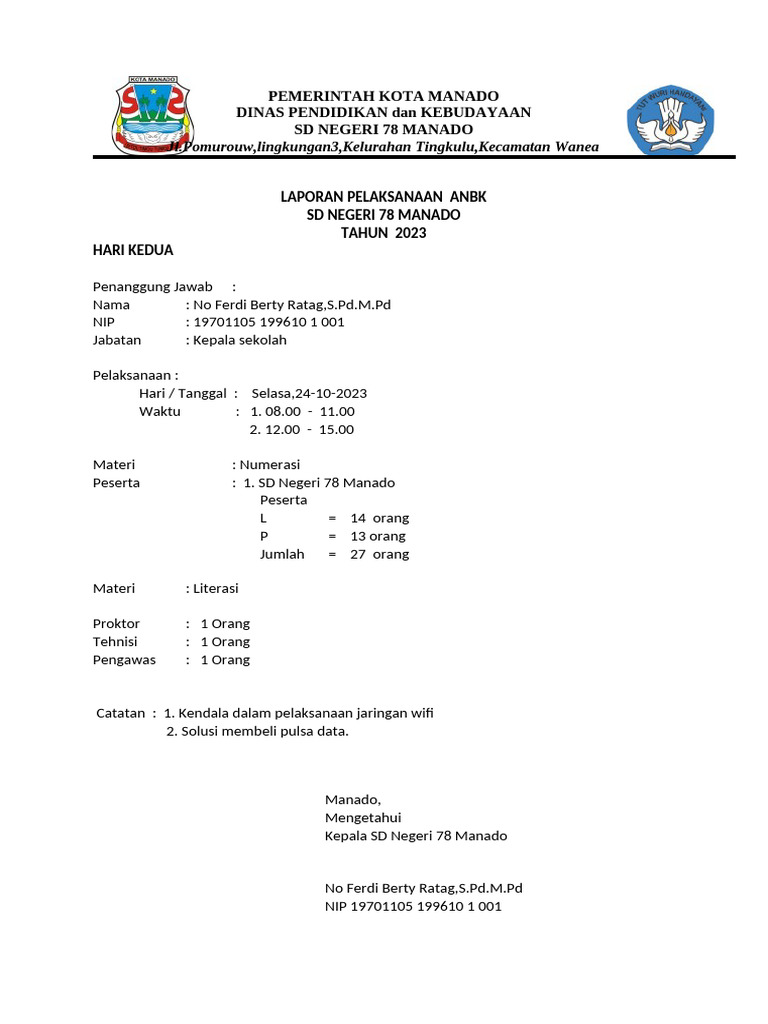 Laporan Pelaksanaan ANBK SD 78 Manado | PDF