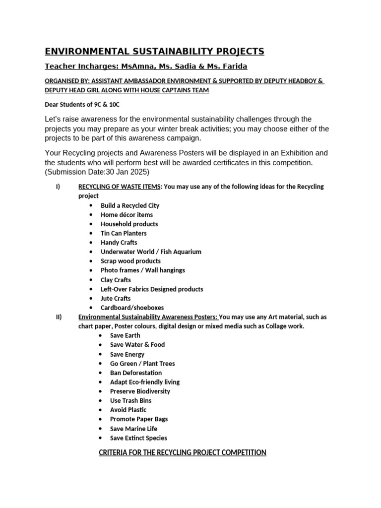 Environmental Sustainability Projects by BVTL Senior School | PDF ...