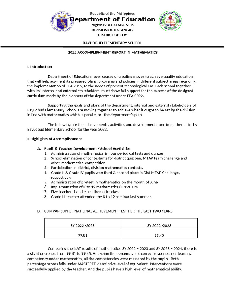 Accomplishment Report in Math 2014 | PDF | Teachers | Learning