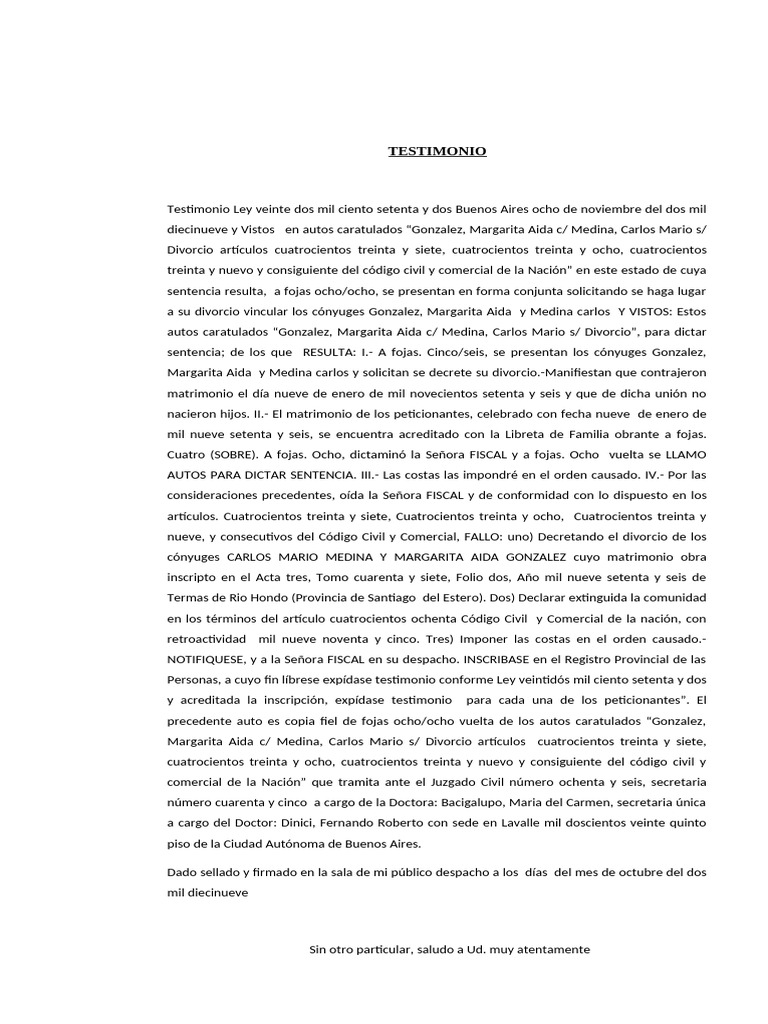 Testimonio Ley 22172 Gimenez Vera | PDF | Divorcio