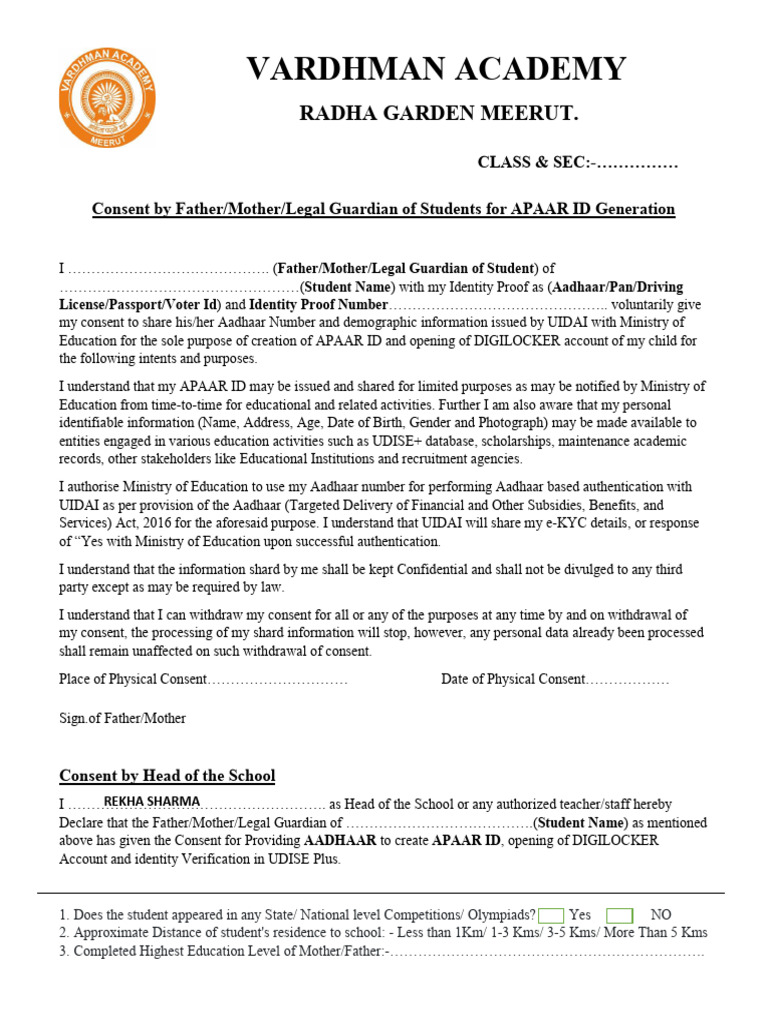 Apaar Id Consent Letter | PDF | Access Control | Authentication