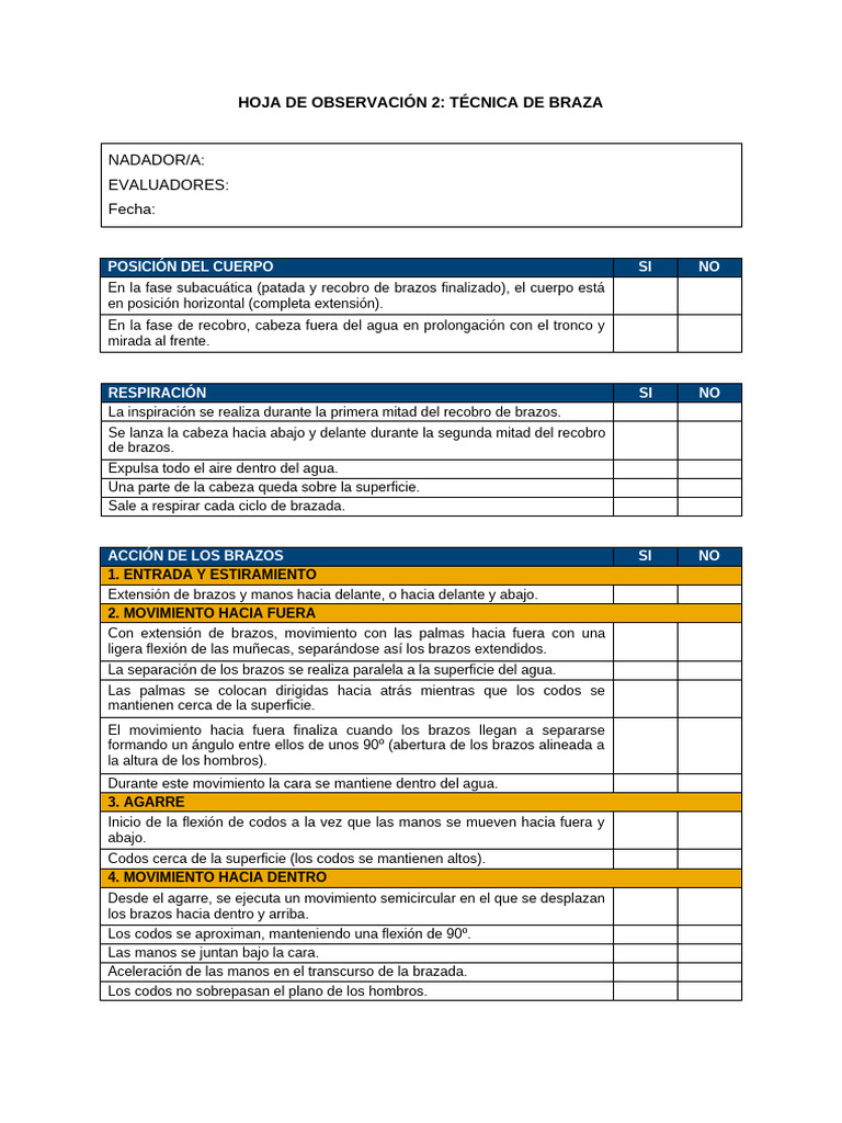 Hoja de Observación 2 - Braza | PDF | Tobillo