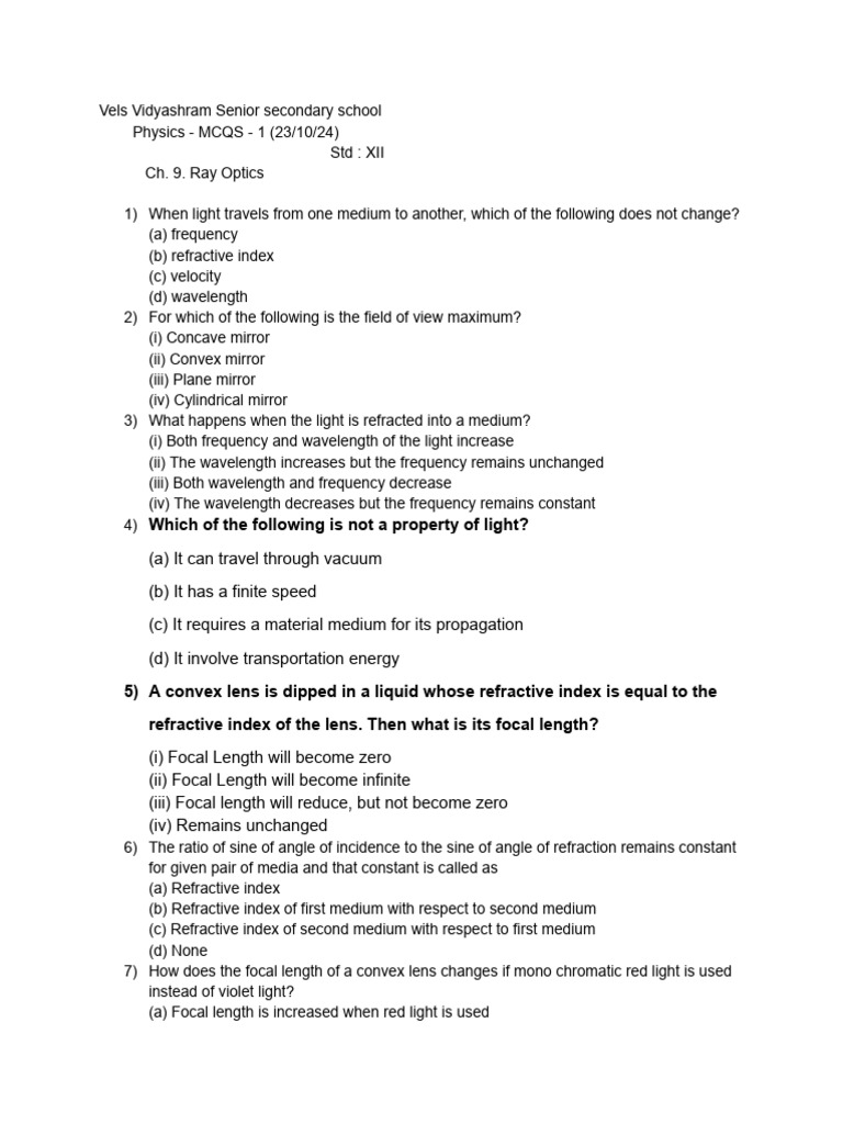 Ch.9 Ray Optics Mcq's-1 (23-10-24) | PDF | Refractive Index | Refraction
