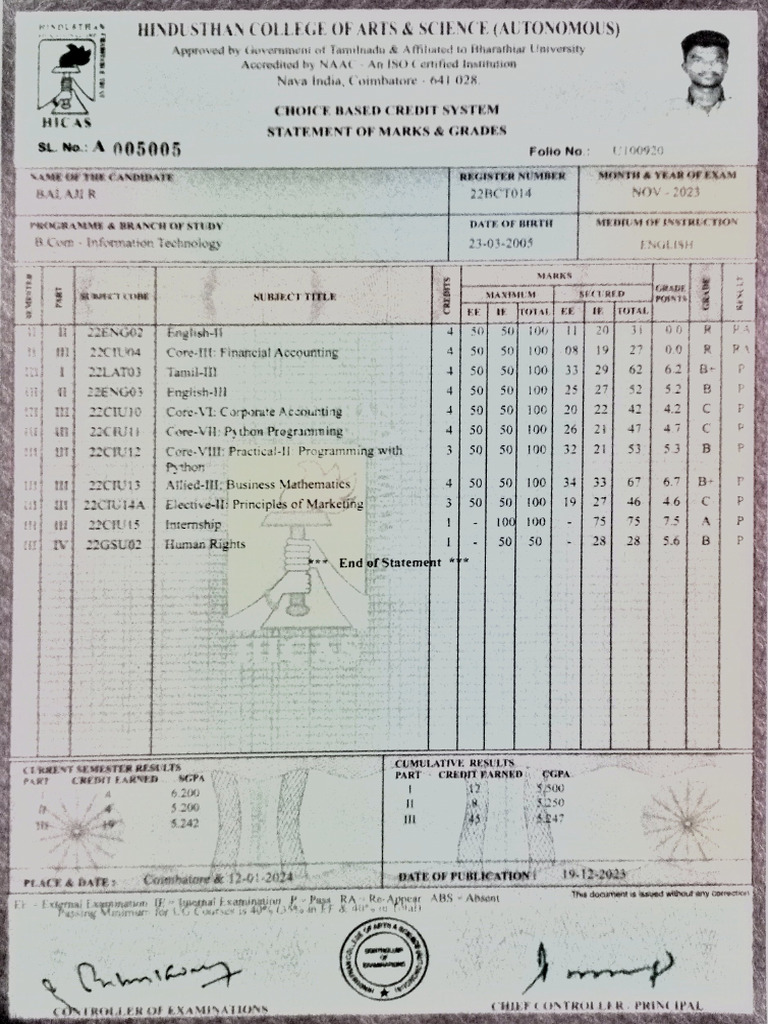 3 Semester Marksheet | PDF