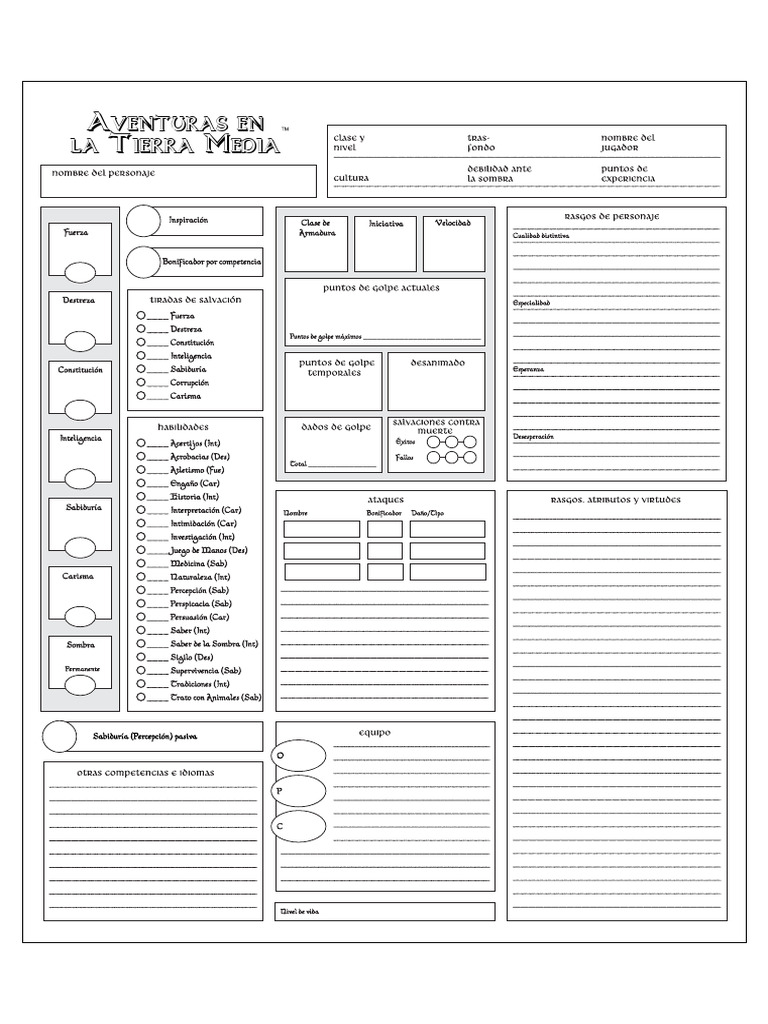 Ficha 2018 AventurasEnLaTierraMedia ByN | PDF