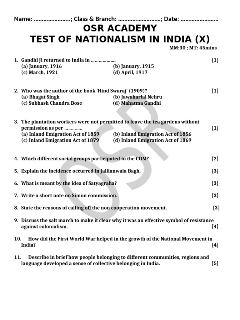 Nationalism in India (X) Test | PDF