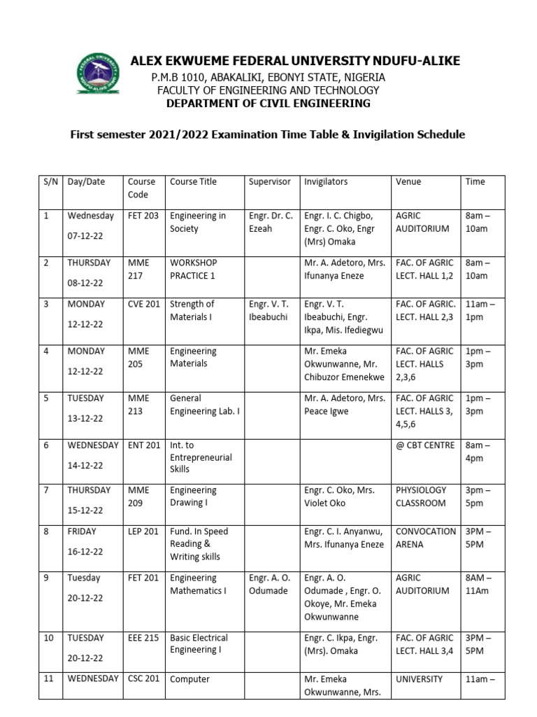 Civil Engineering First Semester Timetable For 200-500 Levels 2021 - 2022 | PDF | Engineering ...