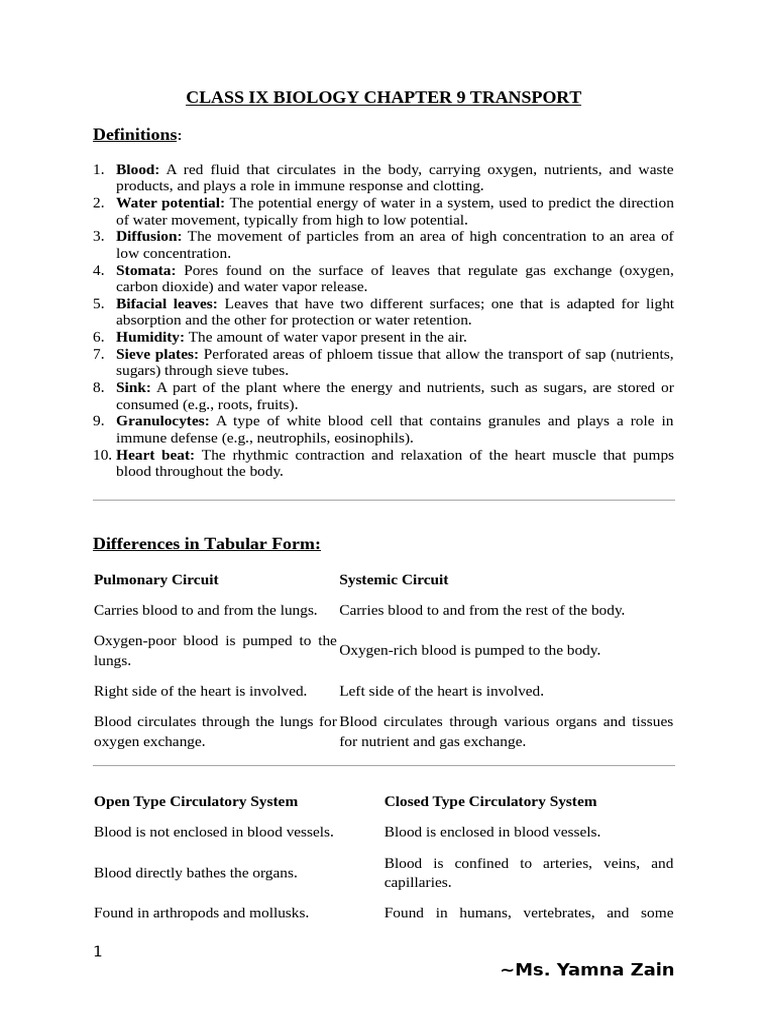 Class 9 Biology: Transport Systems | PDF | Heart Valve | Heart
