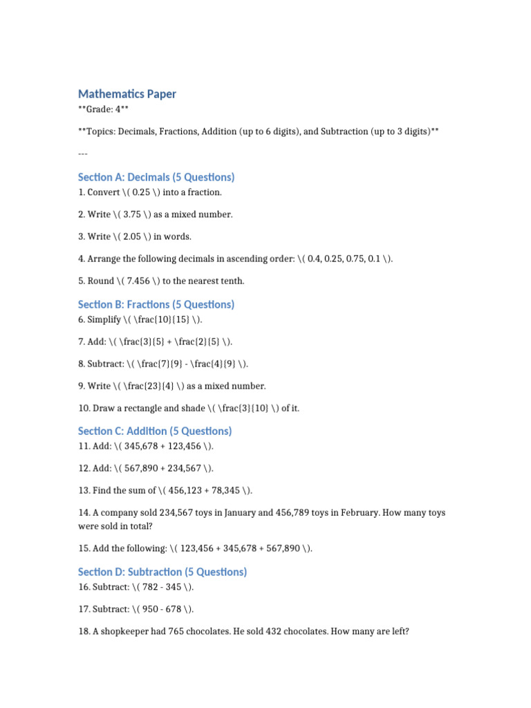 Mathematics Paper Grade 4 | PDF