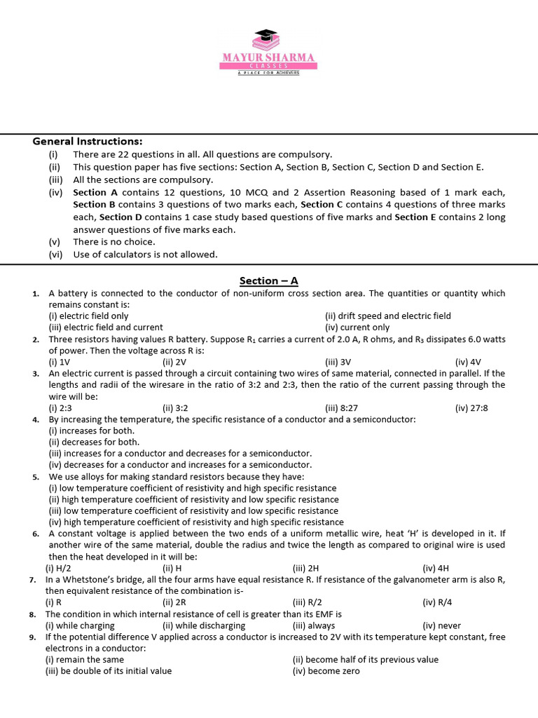 Current Electricity Physics Revision Test | PDF | Electrical ...