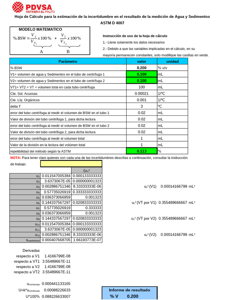 Hoja de Cálculo ASTM 4007 REP | PDF | Matemáticas Aplicadas | Metrología