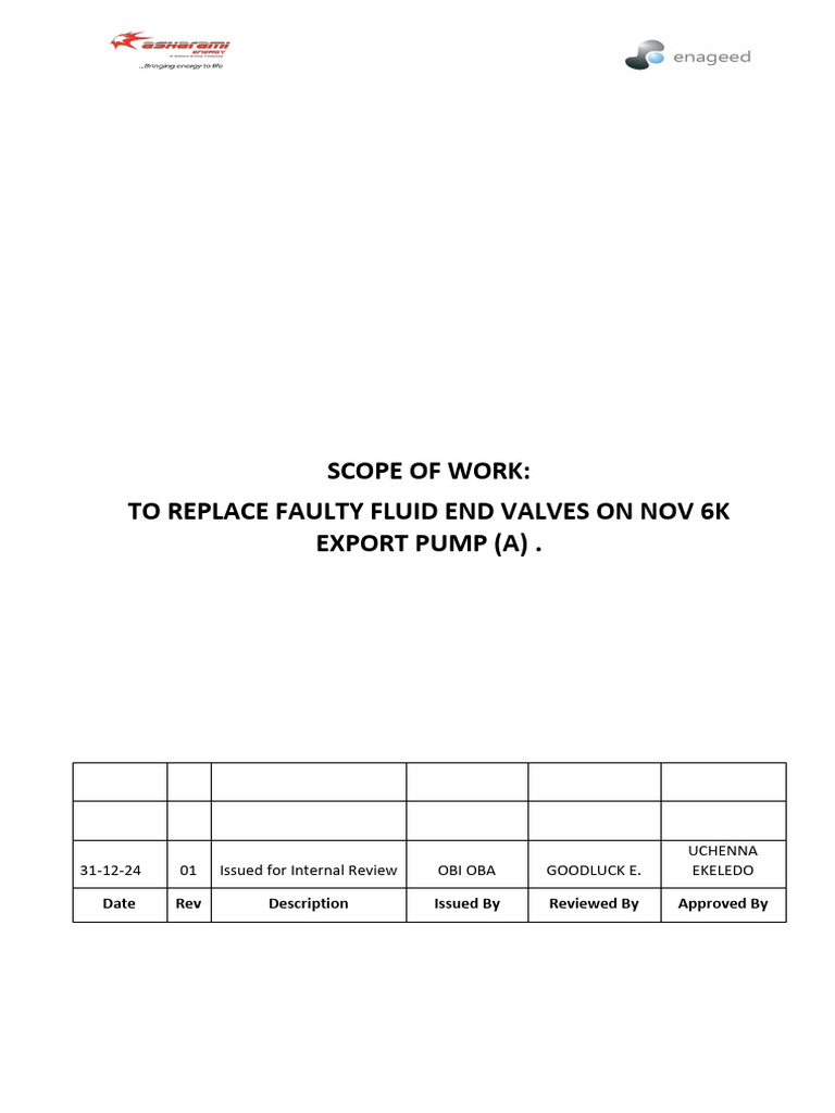 SOW_Replacement of faulty fluid end valcs on 6k export pump (A) | PDF ...
