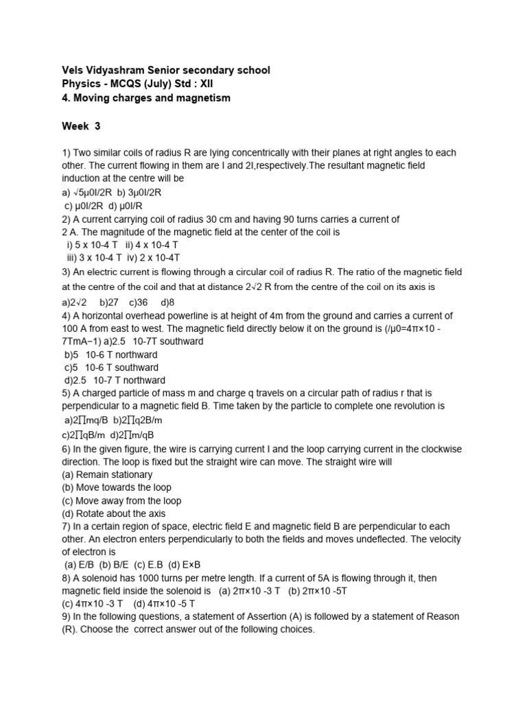 MCQ's - 3 Ch.4. Moving Charges and Magnetism | PDF | Magnetic Field ...