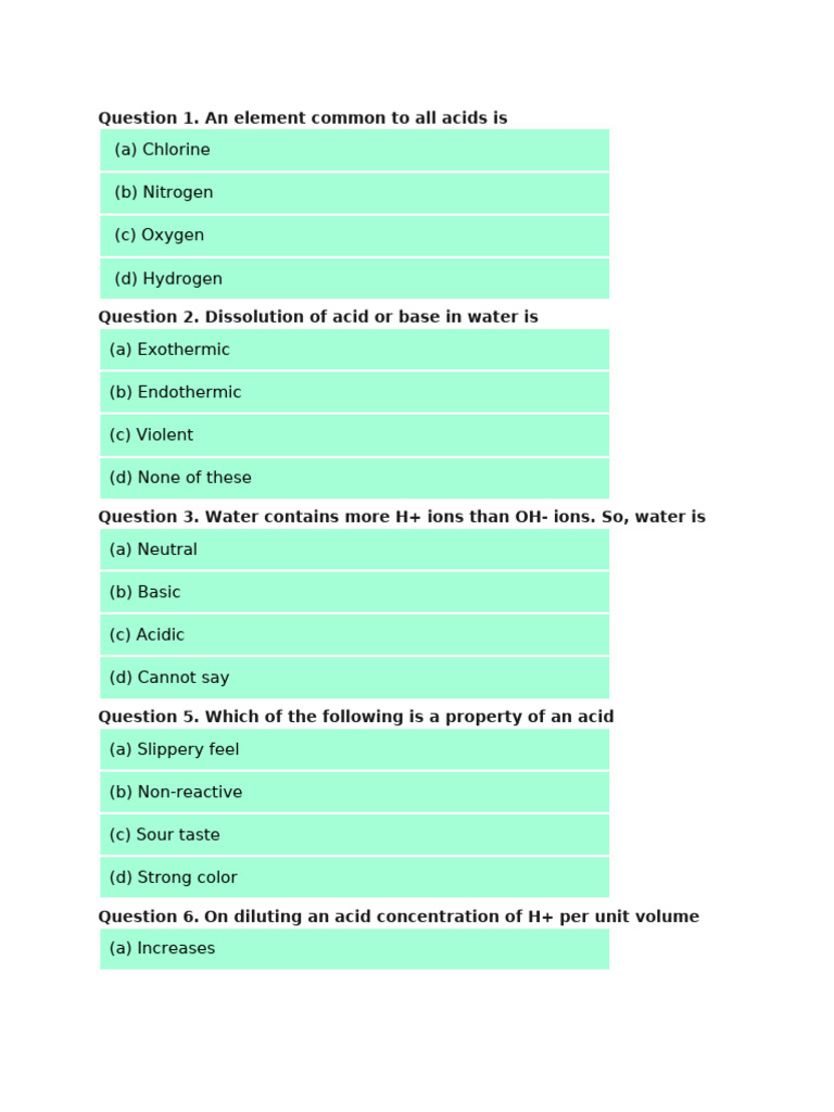 Acid and Base Quiz Questions | PDF | Acid | Sodium Carbonate