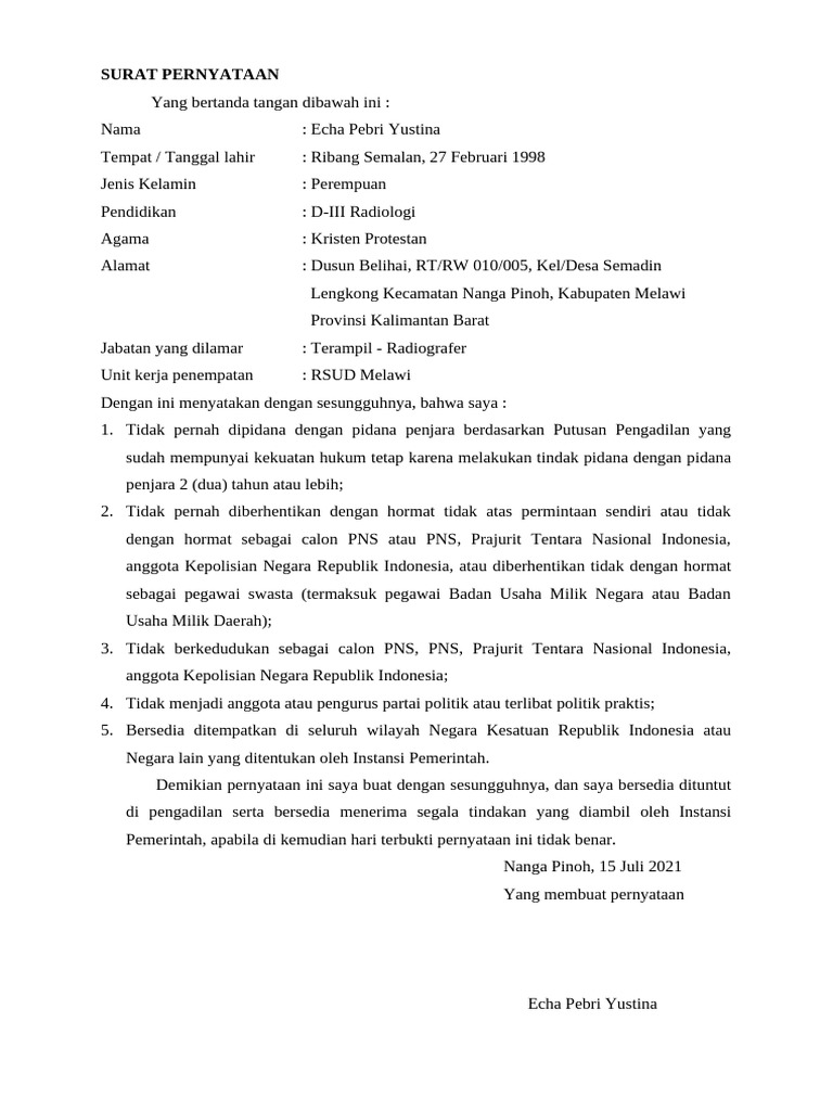 Surat Pernyataan Pidana Echa | PDF