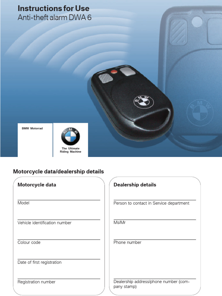 BMW R1100 Series Alarm Instructions PDF Remote Control Electronics