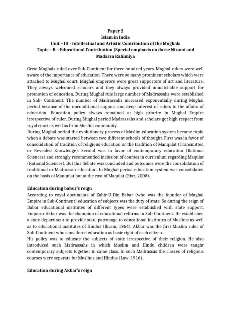 Islam in India - Unit III Topic B Educational Contribution Dars e Nizami Madarsa Rahimiya | PDF ...