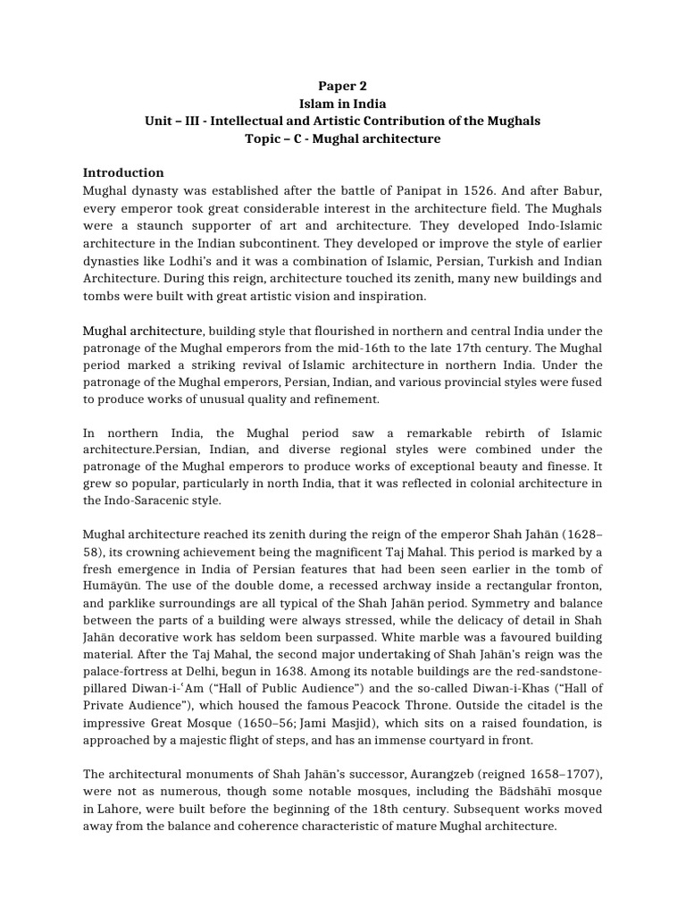 Islam in India - Unit III Topic C Mughal Architecture | PDF | Mughal ...