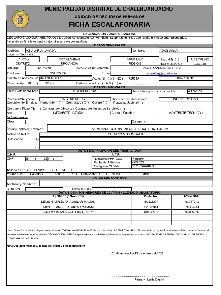 Ficha Escalafonaria- Challhuahuacho Adam | PDF
