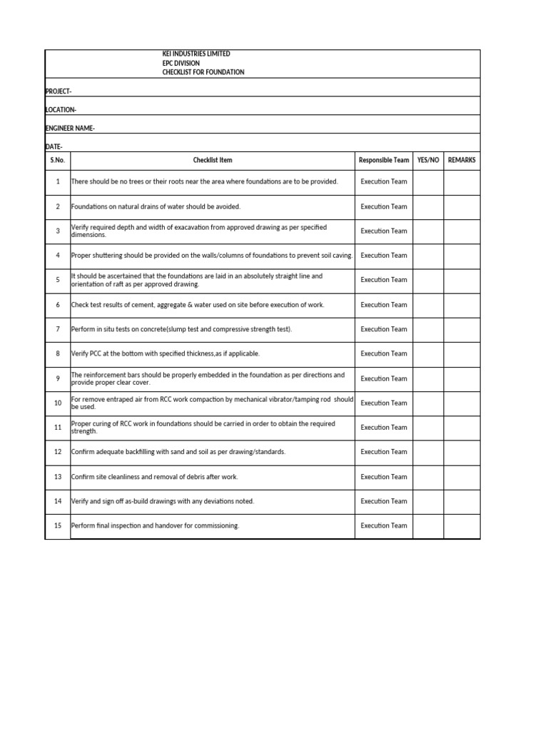 Foundation Checklist for EPC Projects | PDF | Concrete | Building ...