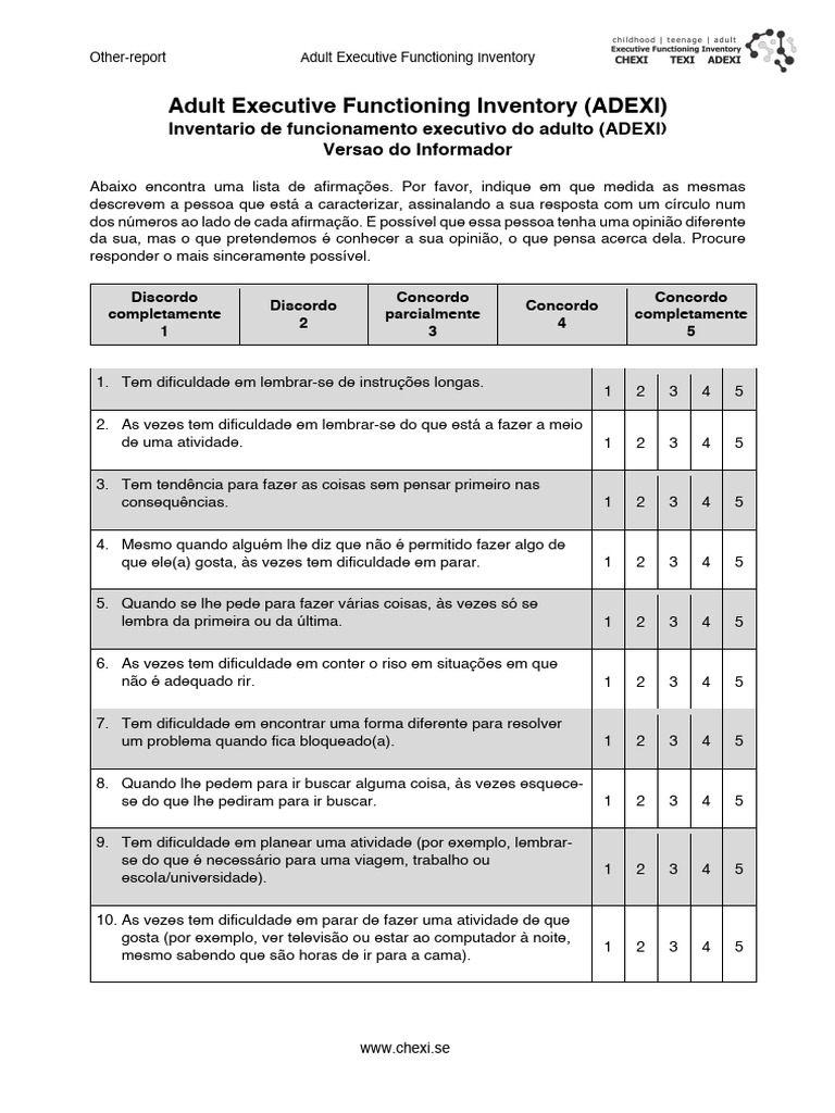 Inventário de Funcionamento Executivo Adulto | PDF