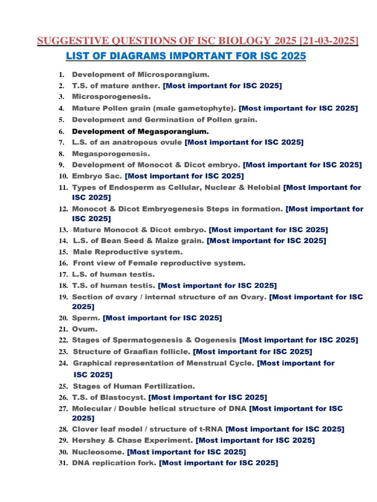 Suggestive Questions of Isc 2025 Biology | PDF