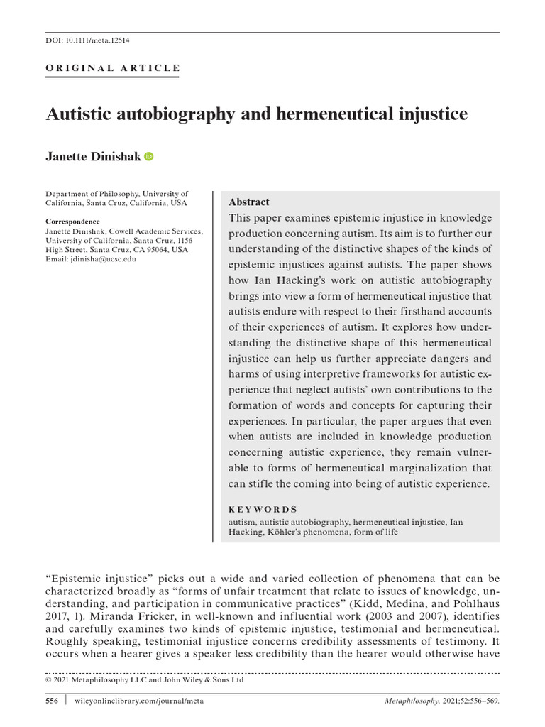 Autistic Autobiography and Hermeneutical Injustice | PDF | Experience ...