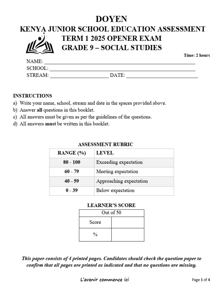 Grade 9 Social Studies Term 1 2025 Opener Exam | PDF | Map | Africa