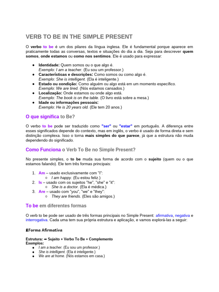 A1 Verb To Be - Simple Present | PDF | Assunto (gramática)