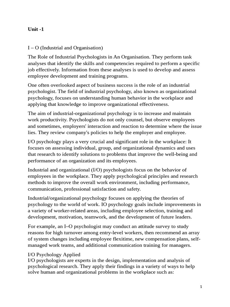 Industrial Psychology - Unit - 1 | PDF | Industrial And Organizational ...