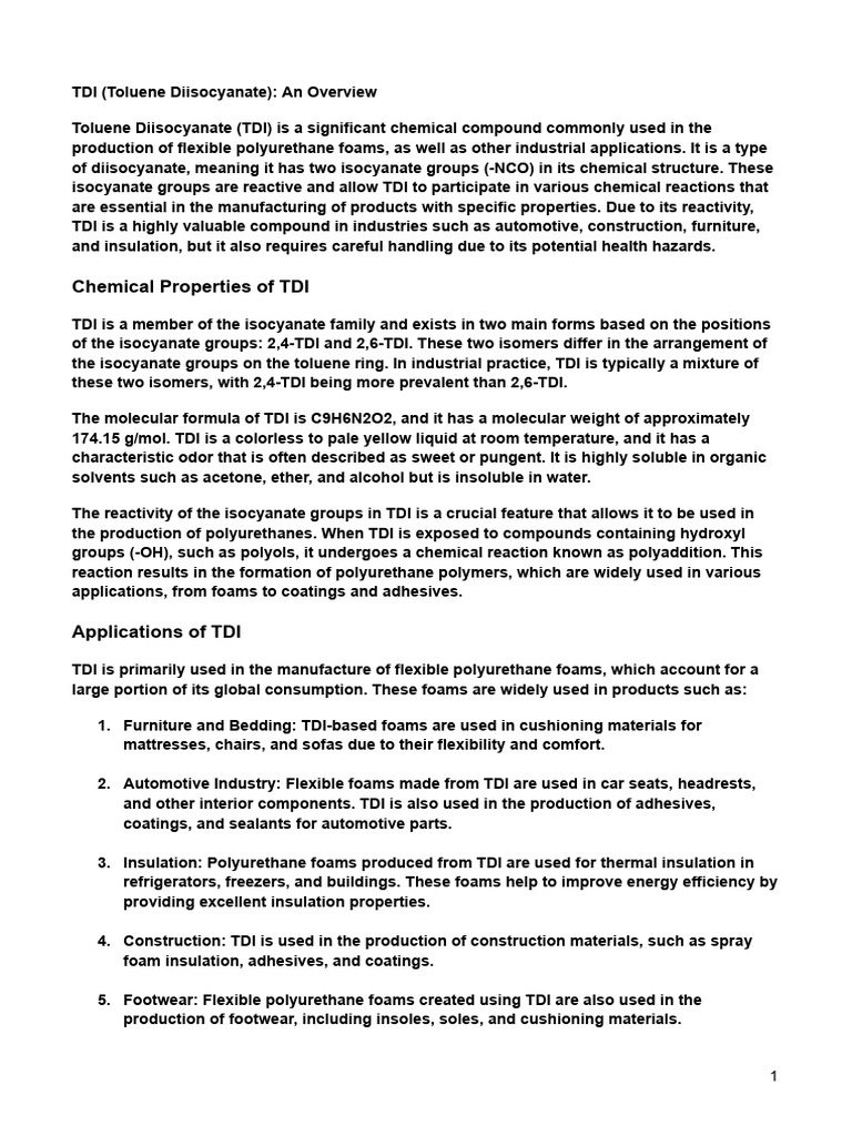 TDI (Toluene Diisocyanate) - An Overview | PDF | Polyurethane