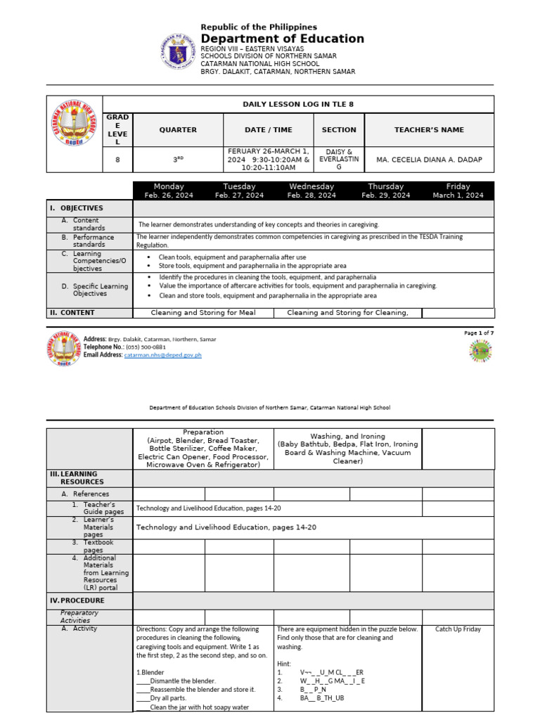 TLE 8 - Daily-Lesson-Log-caregiving | PDF | Toilet | Home