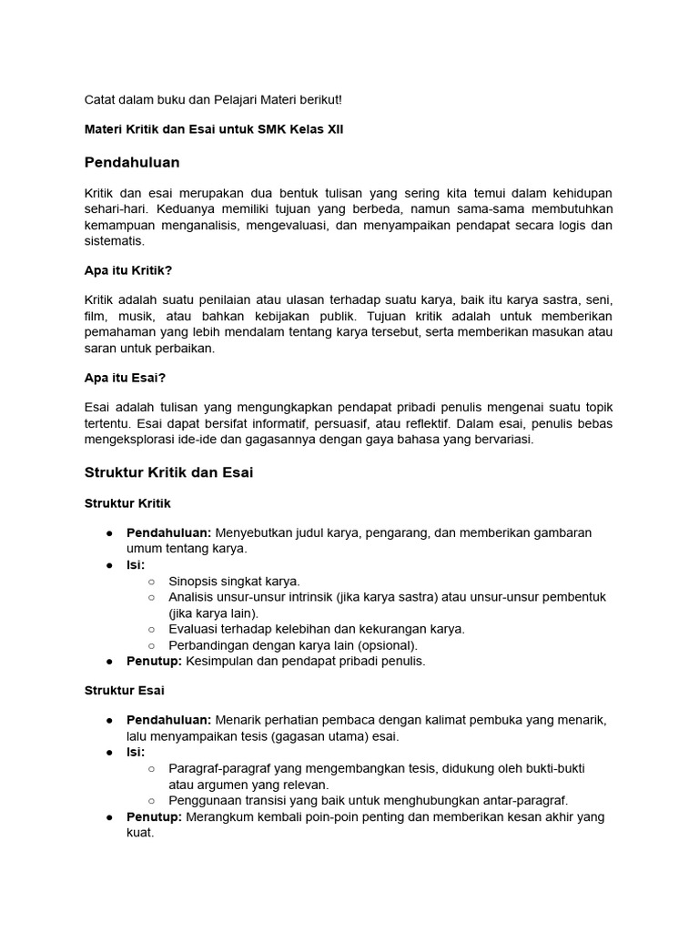 Materi Kritik Dan Esai Kelas XII | PDF