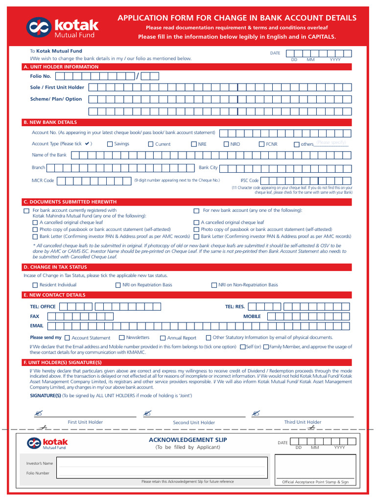 Change Bank Details Form for Kotak MF | PDF | Cheque | Banks