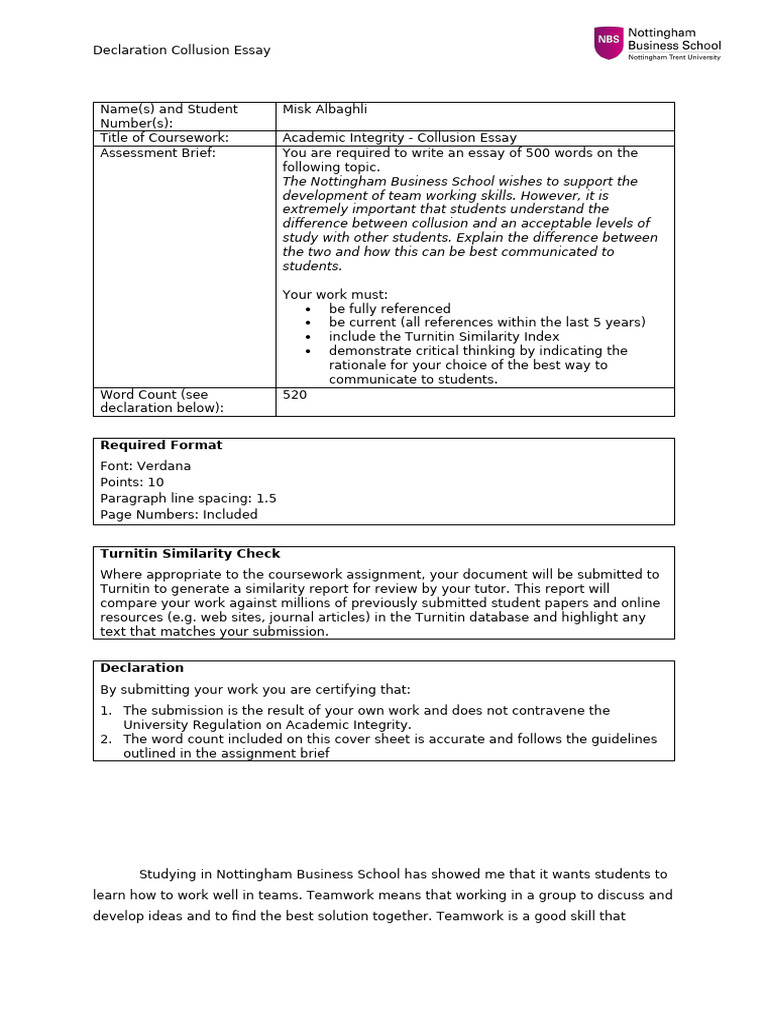 Albaghli_Academic Integrity - Collusion Essay | PDF | Turnitin | Human ...
