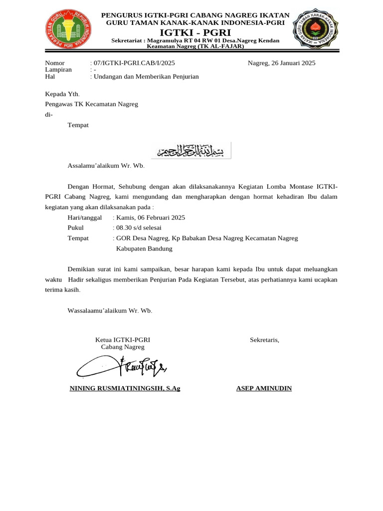 07 Surat Undangan Pengawas TK Lomba Montase | PDF