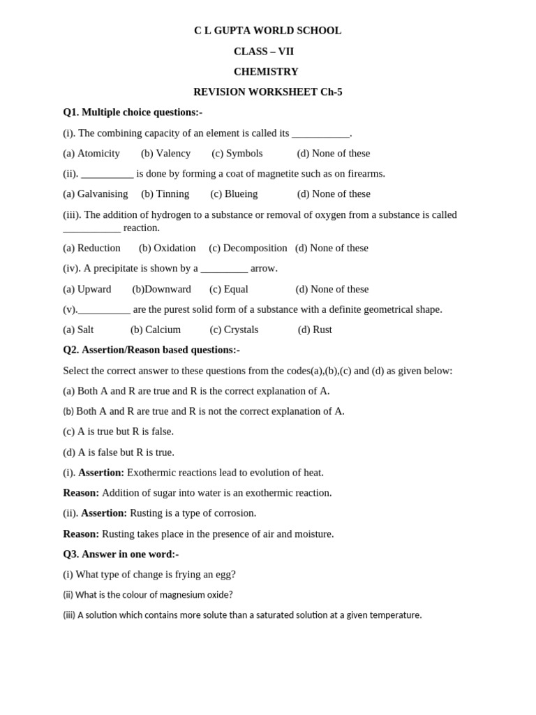 Revision Worksheet Chemistry Ch5 | PDF