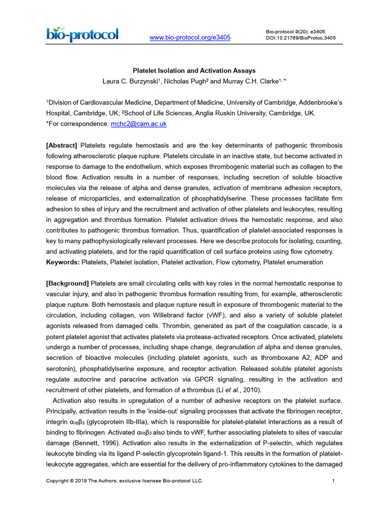 Bioprotocol Platelet Isolation And Activation Pdf Platelet Hemostasis