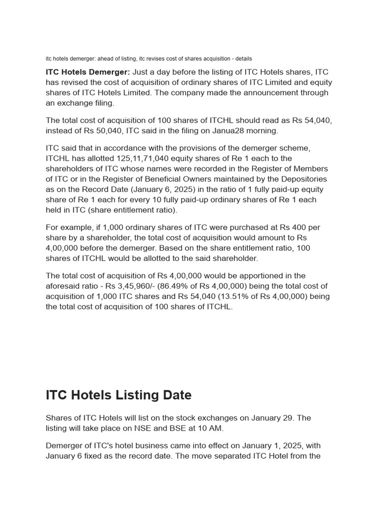 ITC Hotels Demerger: Share Acquisition Cost | PDF