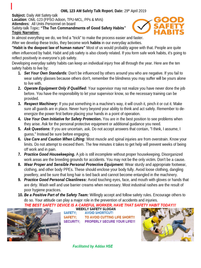 AM Safety Talk 29.04.2019 (The Ten Commandments of Good Safety Habits ...
