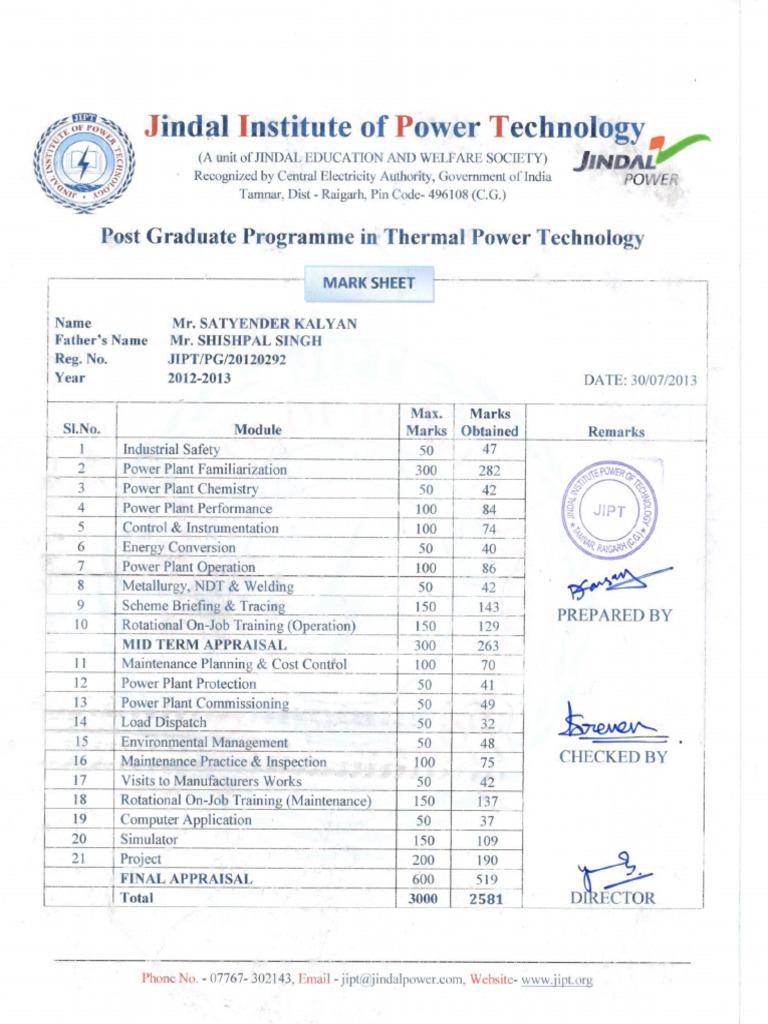 PGDC Thermal Marksheet | PDF