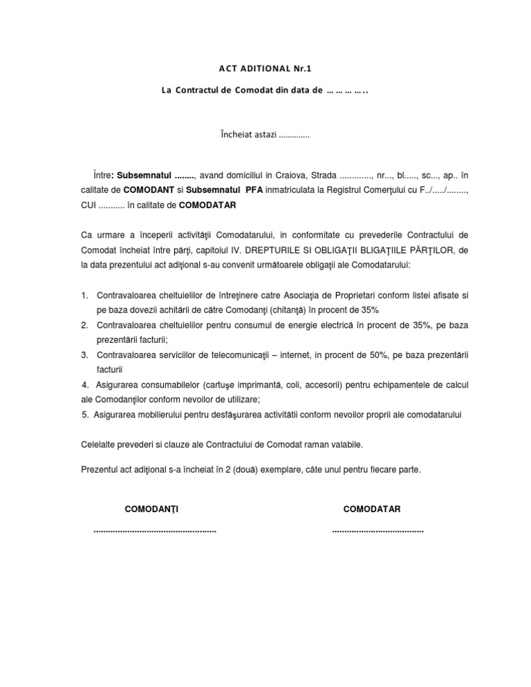 Model Aditional Contract Comodat Sediu PFA | PDF