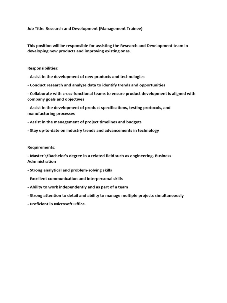 JD Rresearch and Development Trainee | PDF