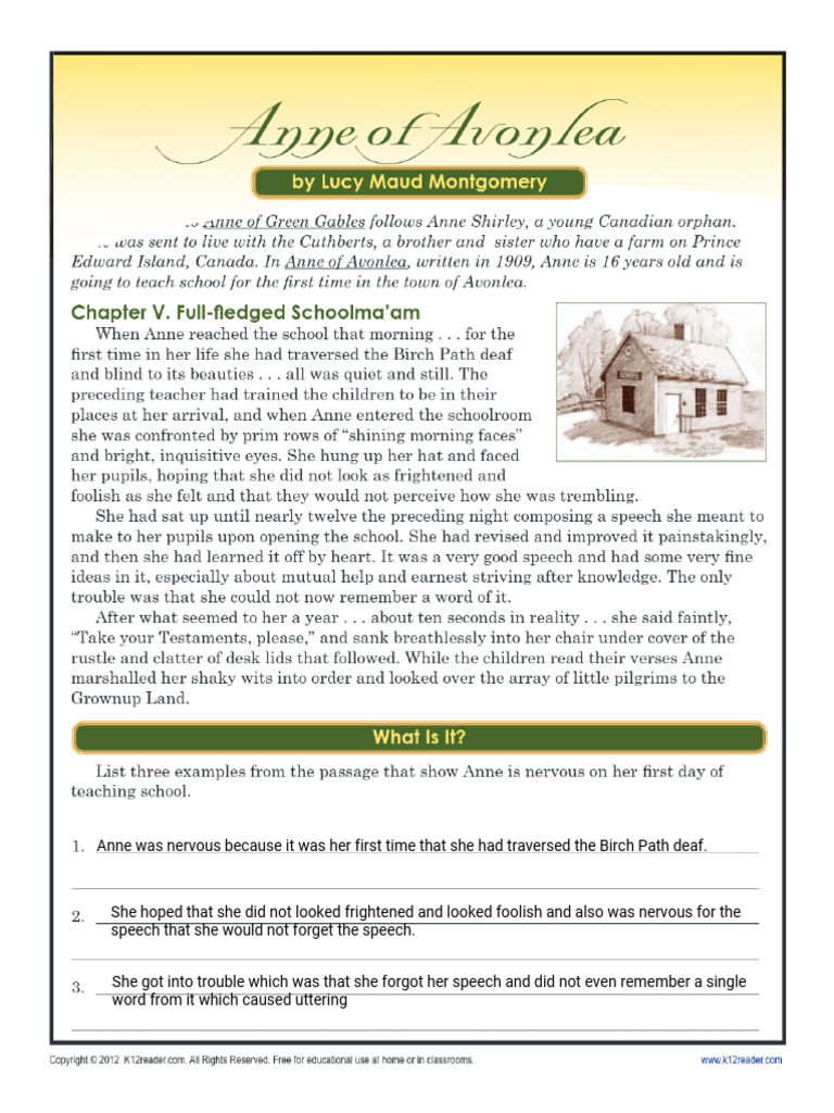 Anne of Avonlea - 7th Grade Reading Comnprehension Worksheet | PDF
