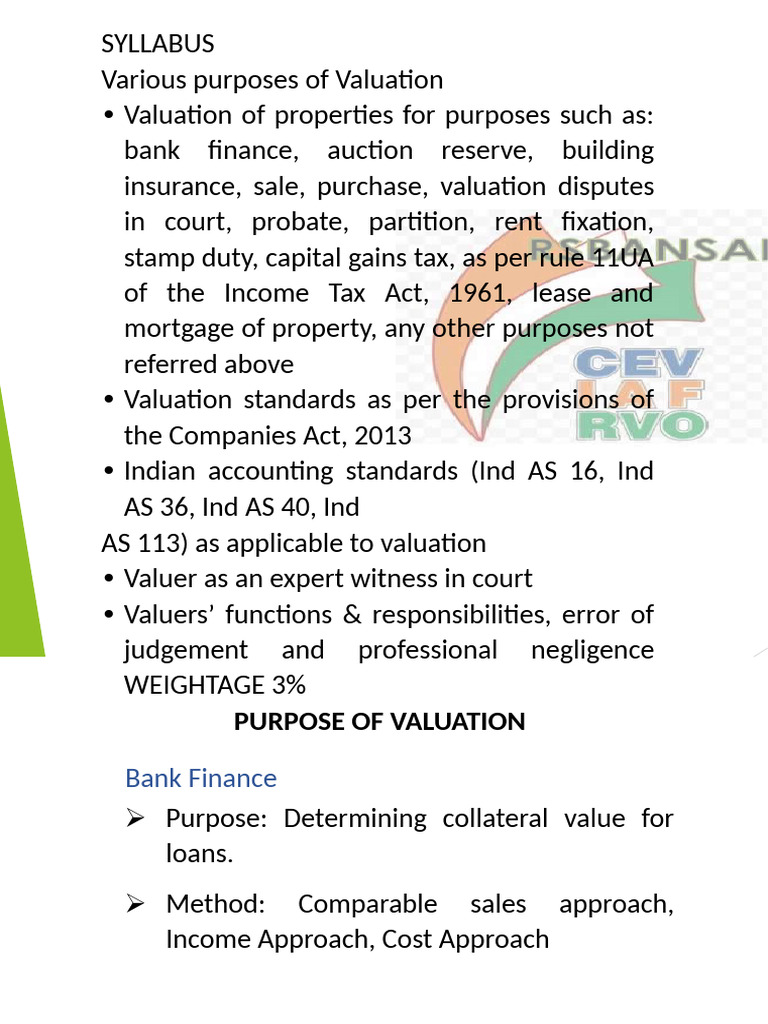 Various Purpose of Valuation | PDF | Fair Value | Real Estate Appraisal