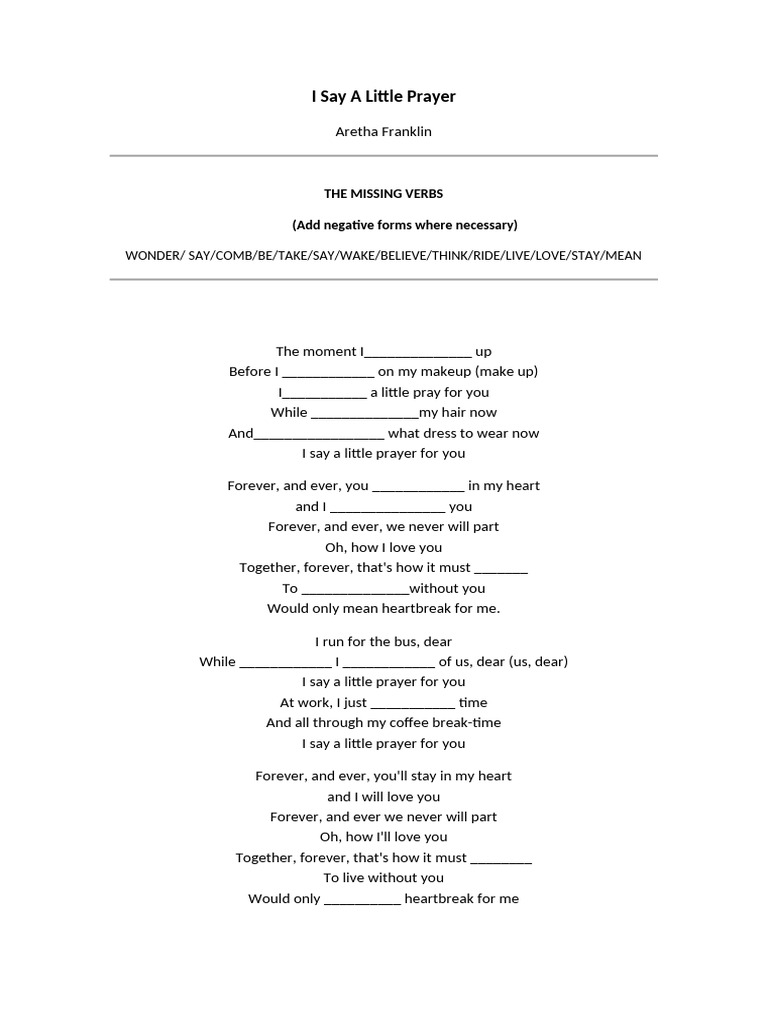 I Say A Little Prayer Lyrics Exercise | PDF